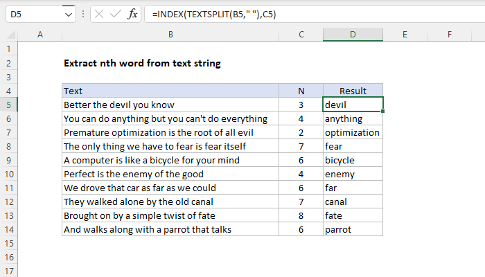 Excel formula: Extract nth word from text string | Exceljet Excel formula: Extract nth word from text string | Exceljet